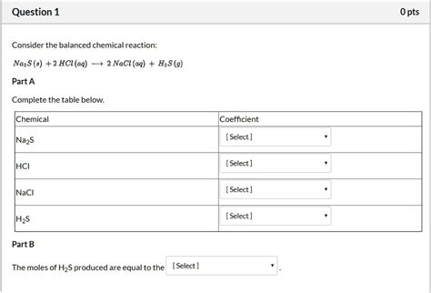 Solved Question 1 0 Pts Consider The Balanced Chemical Reaction Na2s 8 2 Hcl Aq 5 2 Nacl