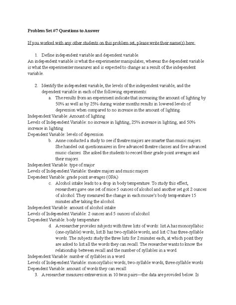 Problem Set Professor Ditta Problem Set Questions To Answer If You Worked With Any