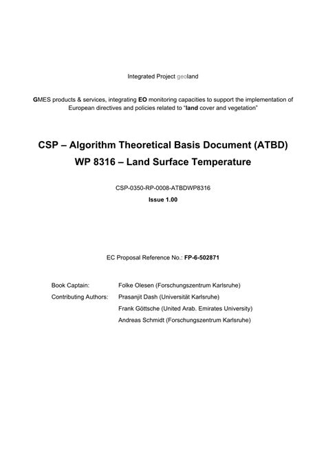 Pdf Csp Algorithm Theoretical Basis Document Atbd Wp 8316 Land Surface Temperature