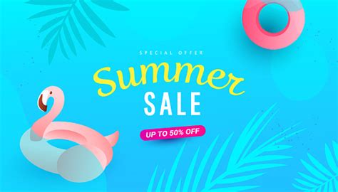 플라밍고와 잎 여름 판매 배너 레이아웃 템플릿 디자인 바우처 할인 3차원 형태에 대한 스톡 벡터 아트 및 기타 이미지 3차원