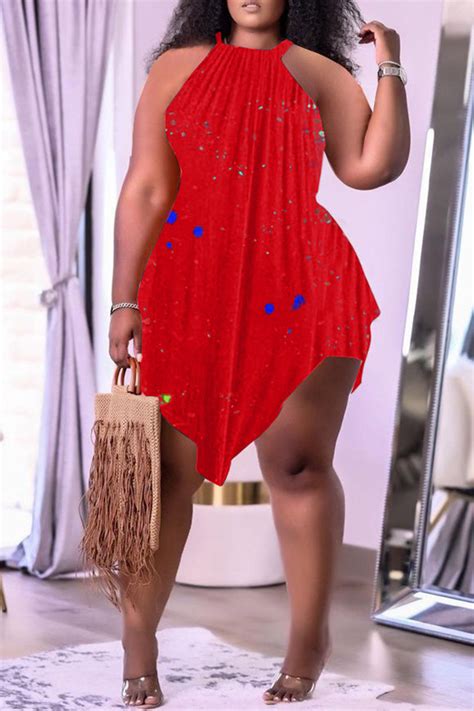 Wholesale Red Fashion Sexy Print Vests Asymmetrical O Neck Plus Size Two Pieces K Online