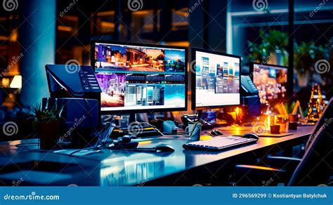 Desk With Two Computer Monitors And Keyboard And Mouse And Phone Generative Ai Stock