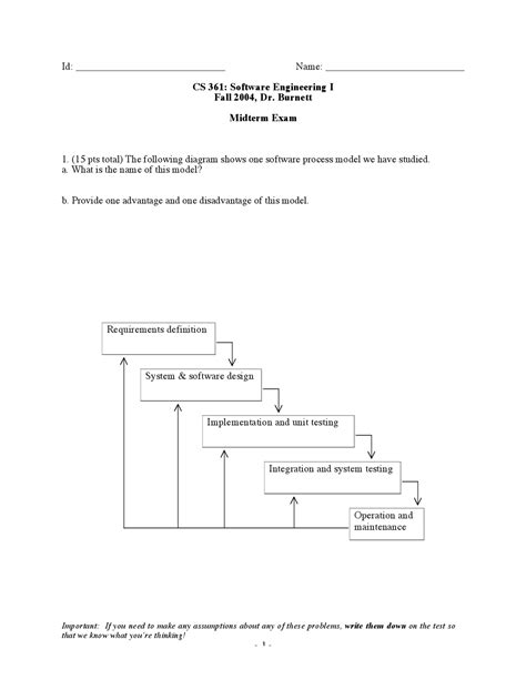 Midterm Exam 2004 Software Engineering I Cs 361 Docsity