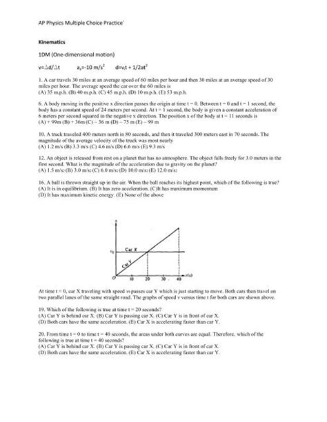 AP Physics Multiple Choice Practice Kinematics 1DM One