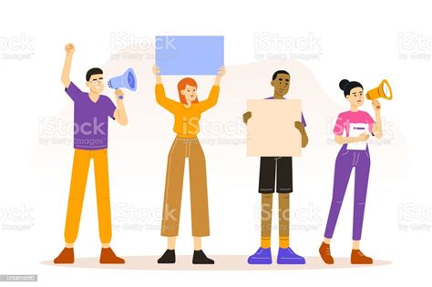 항의 개념 남성과 여성 시위대 또는 활동가의 그룹 시위 혁명 회의 퍼레이드 권리와 정의를 위해 싸우는 다문화 사람들 격리 벡터 일러스트레이션 Gun Violence