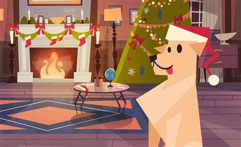 크리스마스 트리 장식 방에 산타 모자를 쓰고 개 새 해 복 많이 인사말 카드 겨울 휴일 개념 배너 Invitational에 대한 스톡 벡터 아트 및 기타 이미지 Istock