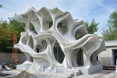 a 3d printed concrete structure is being built in a backyard