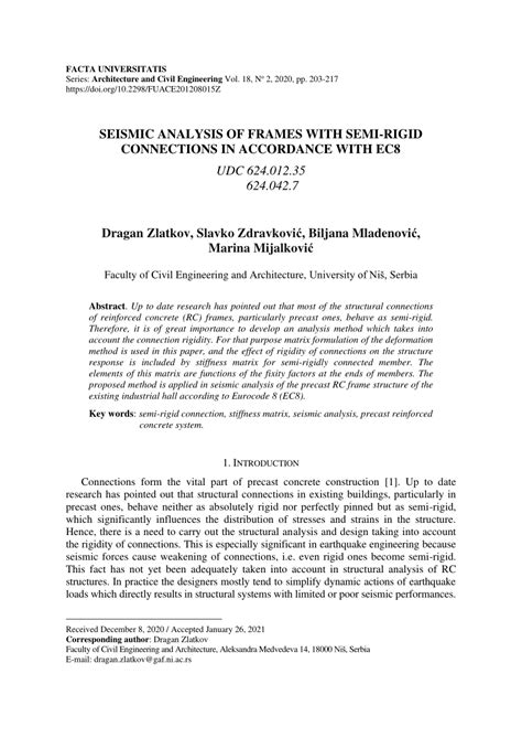 Pdf Seismic Analysis Of Frames With Semi Rigid Connections In Accordance With Ec8