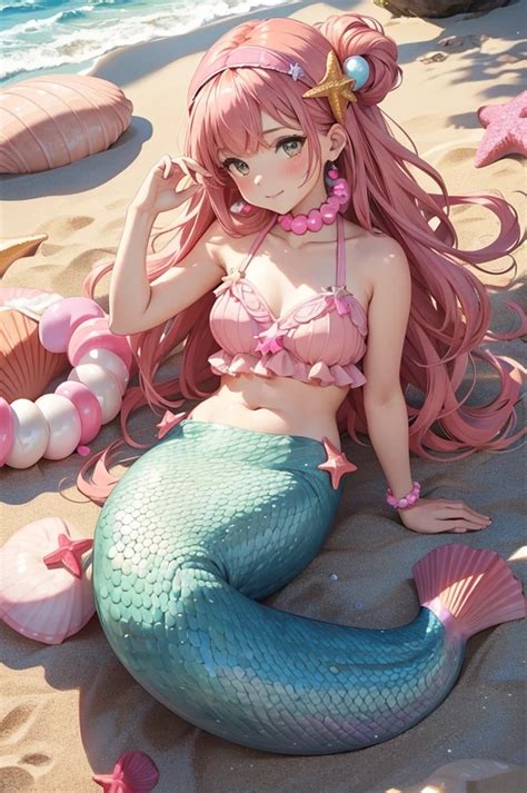 분홍색 꼬리를 가진 인어 캐러멜 헤어 갈색 눈 분홍색 조개 장식의 상의를 입습니다 작은 조개 액세서리와 꼬리 장식 진주 구슬을 착용 Seaart Ai
