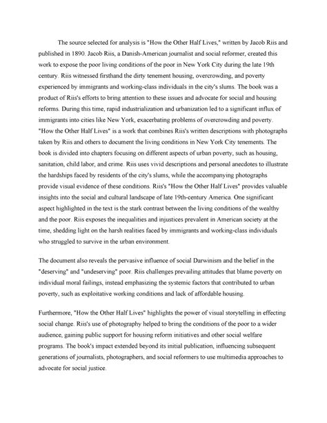 Primary Source Analysis 2 The Source Selected For Analysis Is How The Other Half Studocu