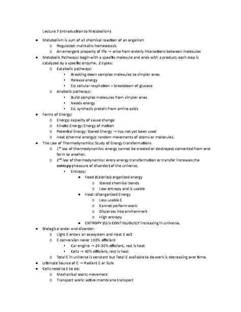 Lecture 7 Class Notes Lecture 7 Introduction To Metabolism
