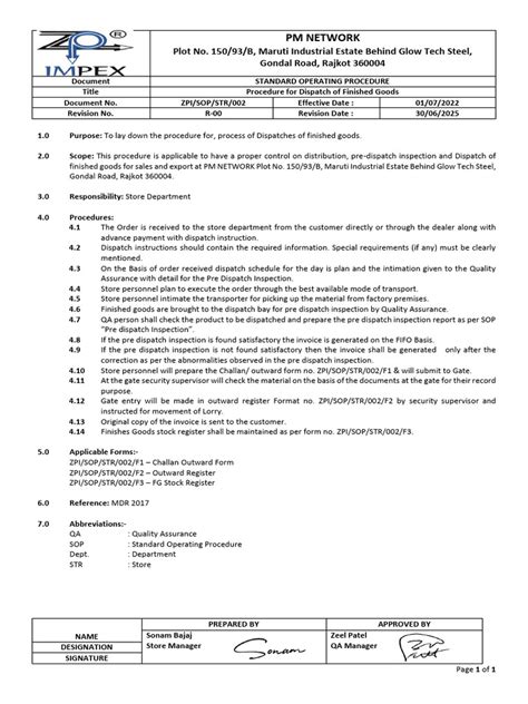 Sop For Dispatch Of Finished Good Pdf Quality Assurance