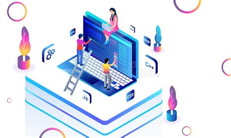 Miniature People Working On Laptop With Different Programming La Stock