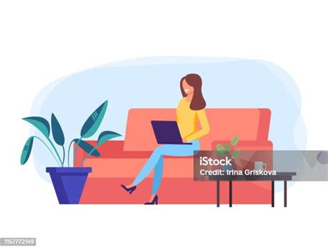 집에서 일하는 프리랜서 여성 사무실 노동자 캐릭터 프리랜서 작업 개념입니다 벡터 디자인 그래픽 플랫 만화 일러스트 가정의 방에 대한 스톡 벡터 아트 및 기타 이미지 Istock