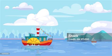 외륜선과 범선이 있는 해양 바다 풍경 빈티지 증기선 복고풍 선박 여객 여행 강 여행 미국 선박 역사적인 운송 산이 있는 도시 풍경 벡터 그림 강에 대한 스톡 벡터 아트 및