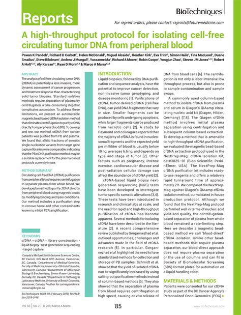 PDF A High Throughput Protocol For Isolating Cell Free Circulating Tumor DNA From Peripheral Blood