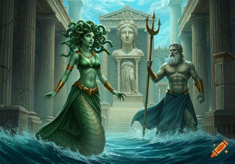 Medusa And Poseidon In An Ancient Temple With A Statue Of Athena