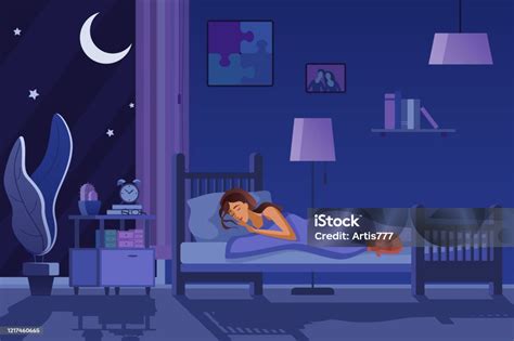 이불로 덮여 침대에서 자고 젊은 피곤 여자 어두운 침실 인테리어 만화 평면 벡터 일러스트에서 밤에 학생 여성 수 면 일어나기에 대한 스톡 벡터 아트 및 기타 이미지 Istock