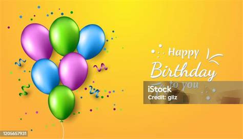 현실적인 풍선 리본 노란색 배경색종이있는 생일 축하 개념 인사 배너 축하 벡터 일러스트레이션에 적합합니다 공휴일에 대한 스톡 벡터 아트 및 기타 이미지 Istock