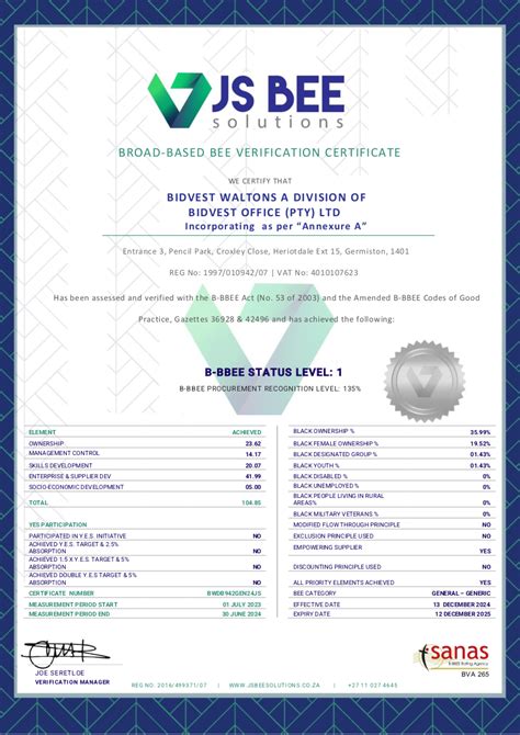 Bidvest Waltons B Bbee Waltons