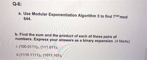 Solved Q 6 A Use Modular Exponentiation Algorithm 5 To