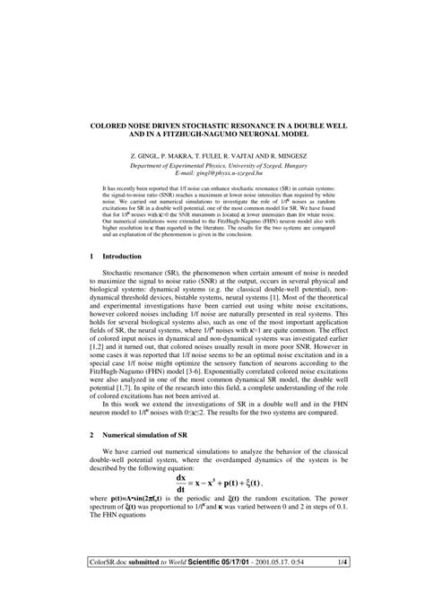 Pdf Colored Noise Driven Stochastic Resonance In A Double Well And In