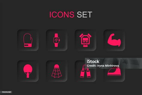 배드민턴 셔틀콕 심장 스마트 시계 권투 글러브 스포츠 확장기 근육을 보여주는 보디 빌더 레이싱 헬멧 스톱워치 및 라켓 아이콘을 설정합니다 벡터 건강한 생활방식에 대한 스톡