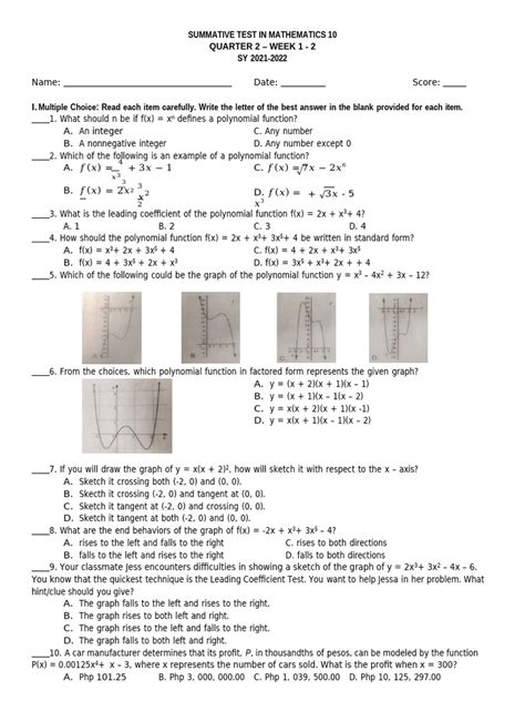 Mathematics 10 Summative Test Q2 W1 2 Pdf Function Mathematics