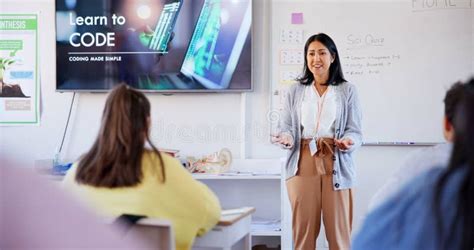 Education Teacher And Students With Presentation In Classroom For