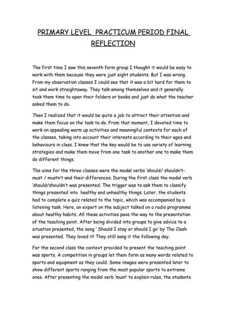 Primary Level Practicum Period Final Reflection Pdf