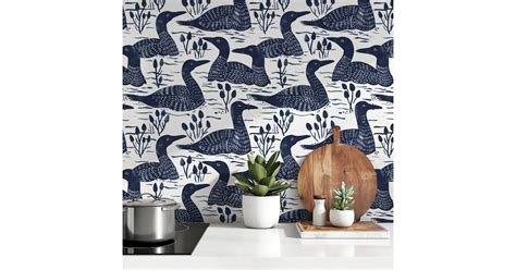 Serene Loon Pattern Blue And White Nature Design Wallpaper Zazzle