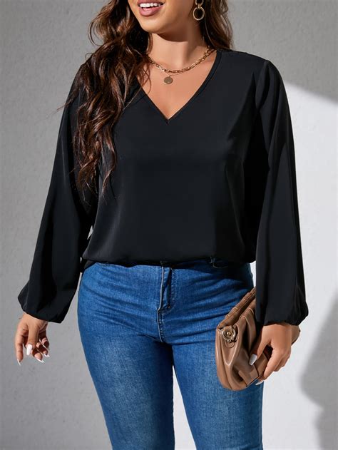 Shein Essnce Elegant Eenkleurig Grote Maat Blouse Contrast Kant Shein