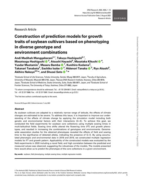 Pdf Construction Of Prediction Models For Growth Traits Of Soybean Cultivars Based On