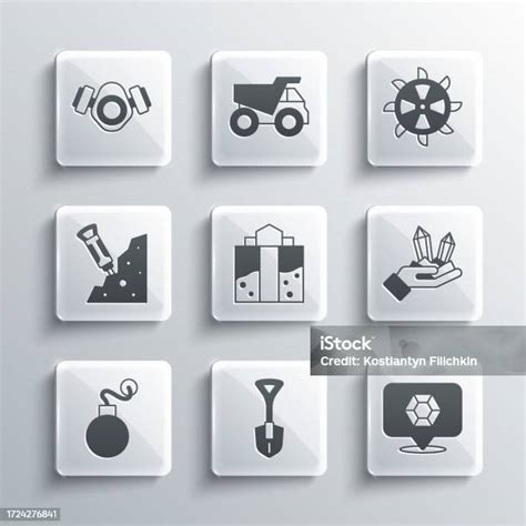 삽 보석 광산 입구 폭탄 건설 착암기 방독면 및 버킷 휠 굴삭기 아이콘을 설정합니다 벡터 건설 산업에 대한 스톡 벡터 아트 및 기타 이미지 Istock