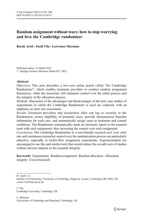 Pdf Random Assignment Without Tears How To Stop Worrying And Love