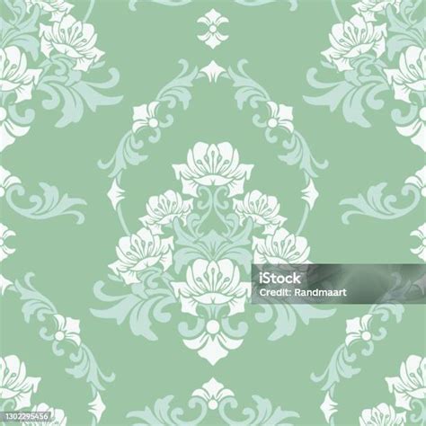 녹색 배경에 로맨틱 한 흰색 백합과 원활한 벡터 패턴 로코코 다마스 꽃 벽지 디자인 빅토리아 스타일의 패션 직물 고풍스런에 대한