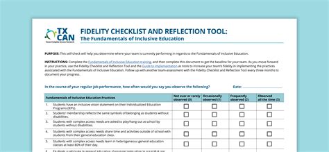 Fidelity Checklist And Reflection Tool The Fundamentals Of Inclusive Education Texas Sped Support