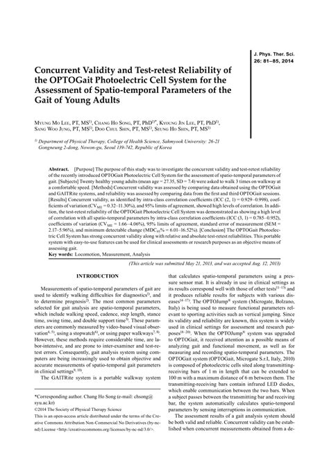 Pdf Concurrent Validity And Test Retest Reliability Of The Optogait Photoelectric Cell System