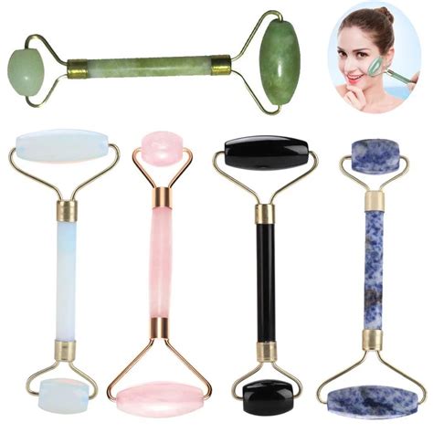 Double Head Massage Roller Natural Rose Crystal Quartz Jade Stone Anti Cellulite Wrinkle Facial