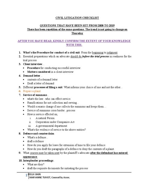 Civil Litigation Checklist Pdf