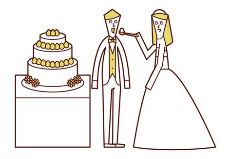 신부와 신랑이 웨딩 케이크를 먹는 일러스트 무료 일러스트 소재집 Kukukeke