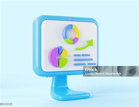 원형 차트와 성장 그래프가 있는 컴퓨터 모니터 아이콘 만화 3d는 Pc 화면에서 등각 투영 인포 그래픽 다이어그램을 렌더링합니다 재정적 성공 사업 발표 또는 주식 시장 예측