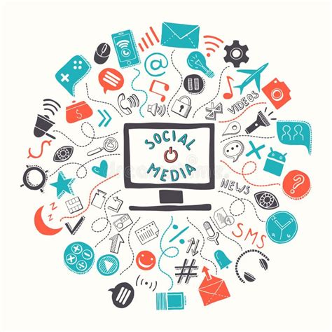 Concept Illustration Of Social Media Networking Vector Hand Drawn Pictures Stock Vector