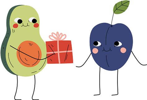 귀여운 아보카도 주는 선물 상자 에 미소 매화 쾌활한 과일 문자 와 재미있는 얼굴 가장 친한 친구 행복한 커플 에 사랑 벡터 일러스트 과일에 대한 스톡 벡터 아트 및 기타