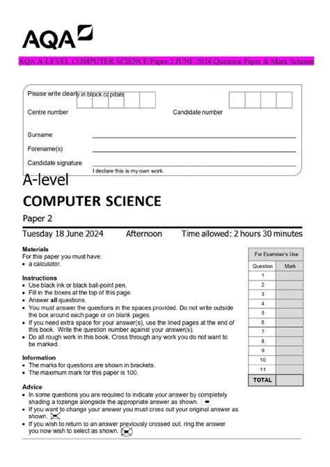 aqa a level computer science paper 2 june 2024 question paper and mark