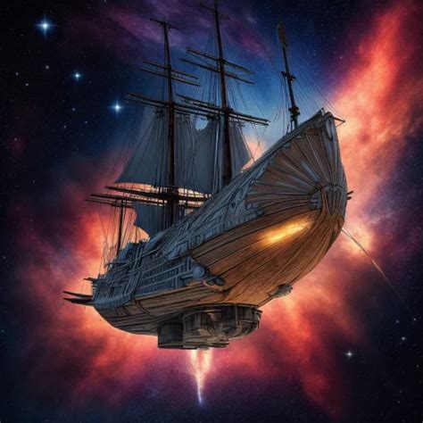 Wooden Starship Reminiscent Of A Spanish Galleon Flying Though A