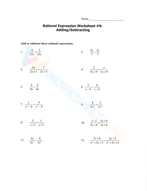 Rational Expressions Workshee 1 Worksheet