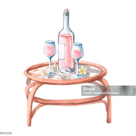 와인 두 잔과 병 하나가 테이블 위에 놓여 있습니다 레스토랑 디자인 메뉴 관광 브로셔 직물 및 직물에 인쇄를 위한 휴식을 주제로 한 고립된 수채화 그림 가구에 대한 스톡