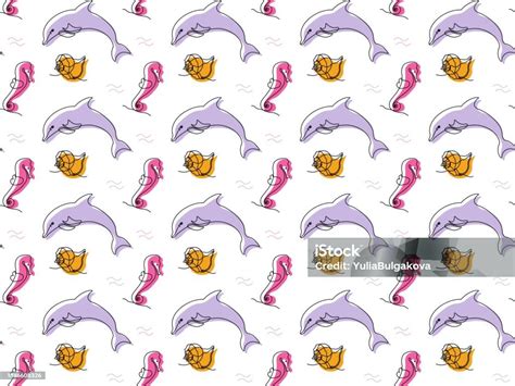 조개 돌고래 및 해마를 가진 예술의 1개의 연속적인 선을 가진 이음새가 없는 낙서 바다 본 돌고래에 대한 스톡 벡터 아트 및