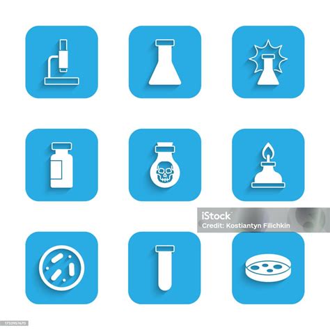 병 시험관 및 플라스크 박테리아가 있는 페트리 접시 알코올 또는 증류주 버너 화학 폭발 및 현미경 아이콘에 독을 설정합니다 벡터 가열장치에 대한 스톡 벡터 아트 및 기타